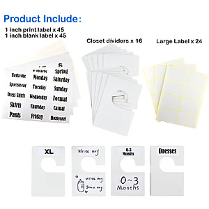 TraGoods 20 Pack White Clothing Rack Size Dividers Plus 90 Labels (1 Inch) and 20 Large Blank Labels, Large Rectangular Clothing Closet Dividers (Pearl White)