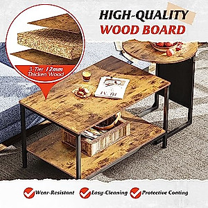 WLIVE Coffee Table, 2 in 1 Design Nesting Coffee Table with Side Pouch for Living Room, Small Round and Rectangular Living Room Table Set, Metal Frame and Wood Desktop,Easy Assembly, Rustic Brown