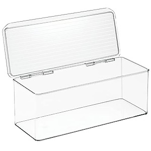 mDesign Plastic Stackable Storage Organizer Box with Hinged Lid - Long Home Office Holder Supply Bin for Note Pads, Gel Pens, Staples, Tape, Highlighters, or Dry Erase Markers - Clear