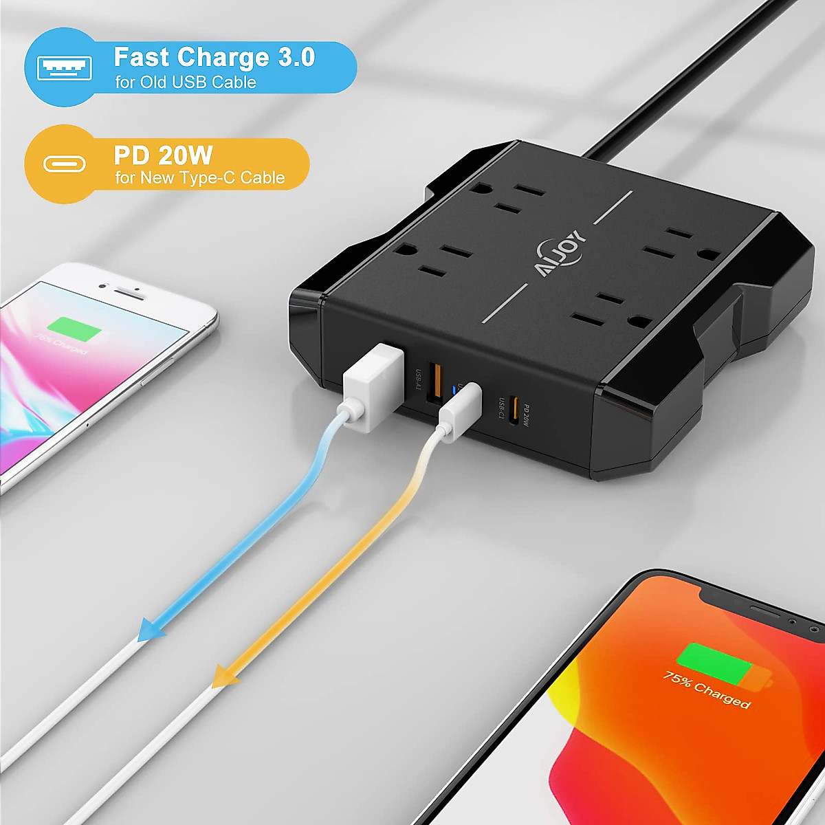 AiJoy Power Strip with USB C, 4 Outlets 4 USB Ports (20W-USB C) Desktop Charging Station, Flat Plug Power Strip, 5ft Extension Cord, Non Surge Protector for Travel, Cruise Ship