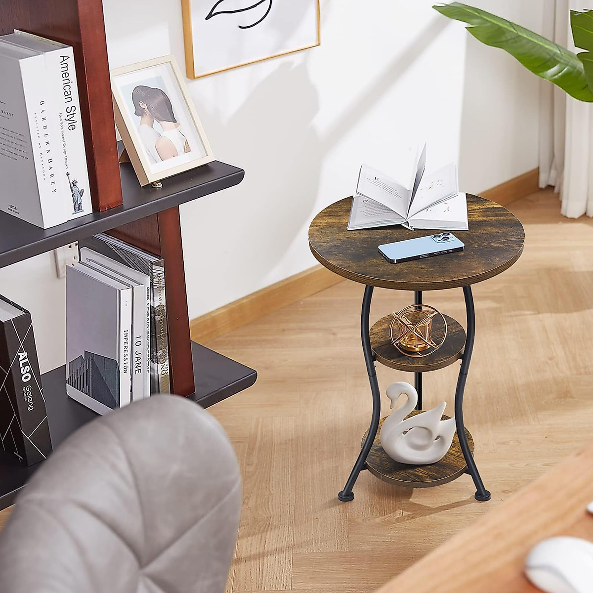 SMFANLIN 15.7 Inches Round Wood Side Table for Small Space, 3-Tier Accent End Table with Metal Frame, Coffee Table Corner Sofa Table Nightstand for Living Room, Bedroom (Rustic Brown)