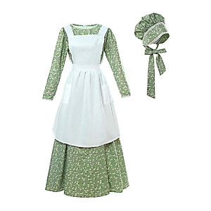 ROLECOS Pioneer Prairie Costume Womens Colonial Pilgrim Costume Amish Dress Pioneer Trek Dresses 3 Pcs Green L