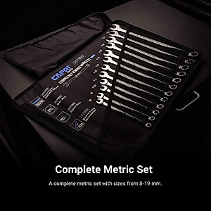 Capri Tools XT90 WaveDrive Pro Combination Wrench Set for Regular and Rounded Bolts, 8 to 19 mm, Metric, 12-Piece with Heavy Duty Canvas Pouch, CP11750-12MPK