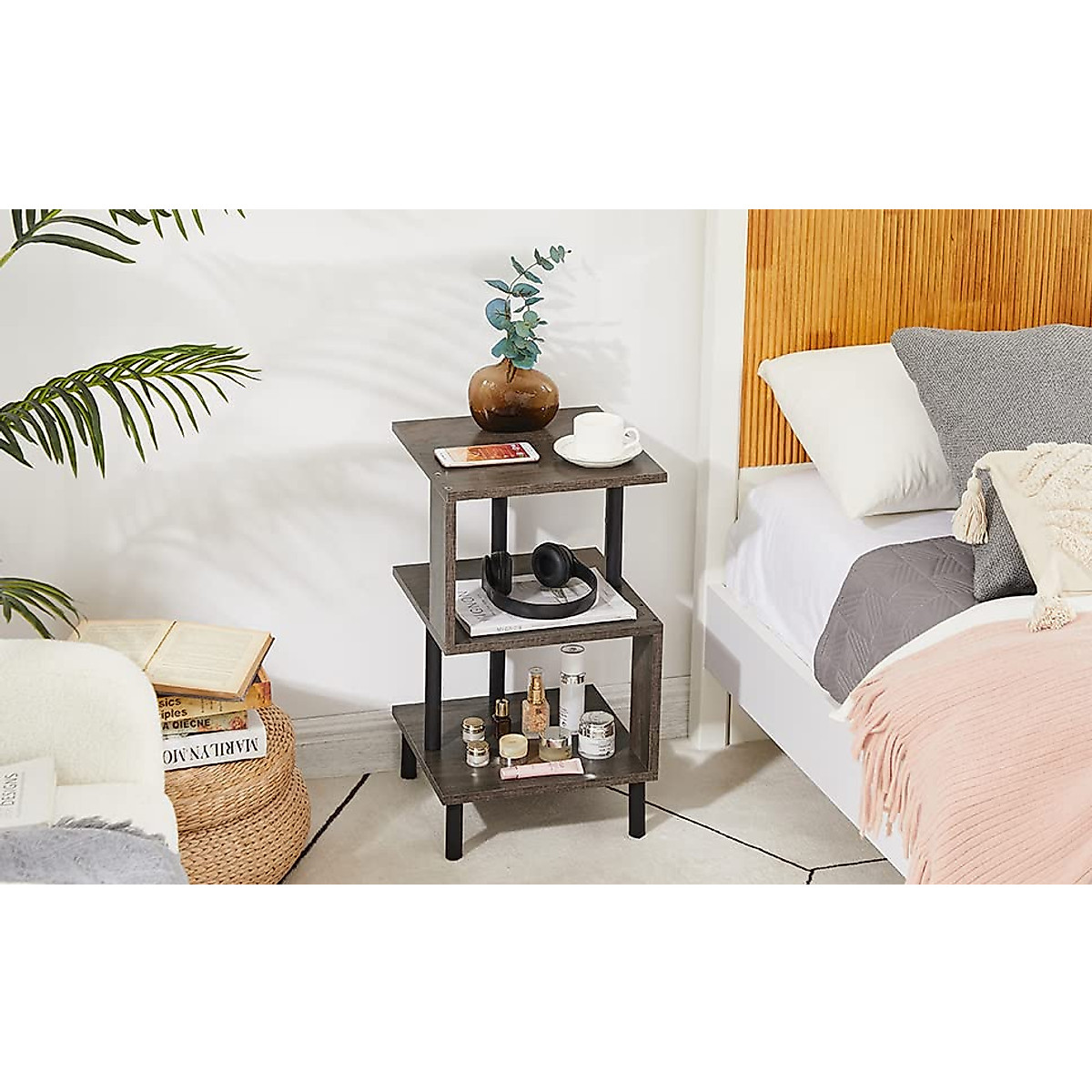 VECELO Side Table for Living Room S-Shaped Endtable with Storage Shelf, Easy Assembly, Set of 1, Rustic Brown