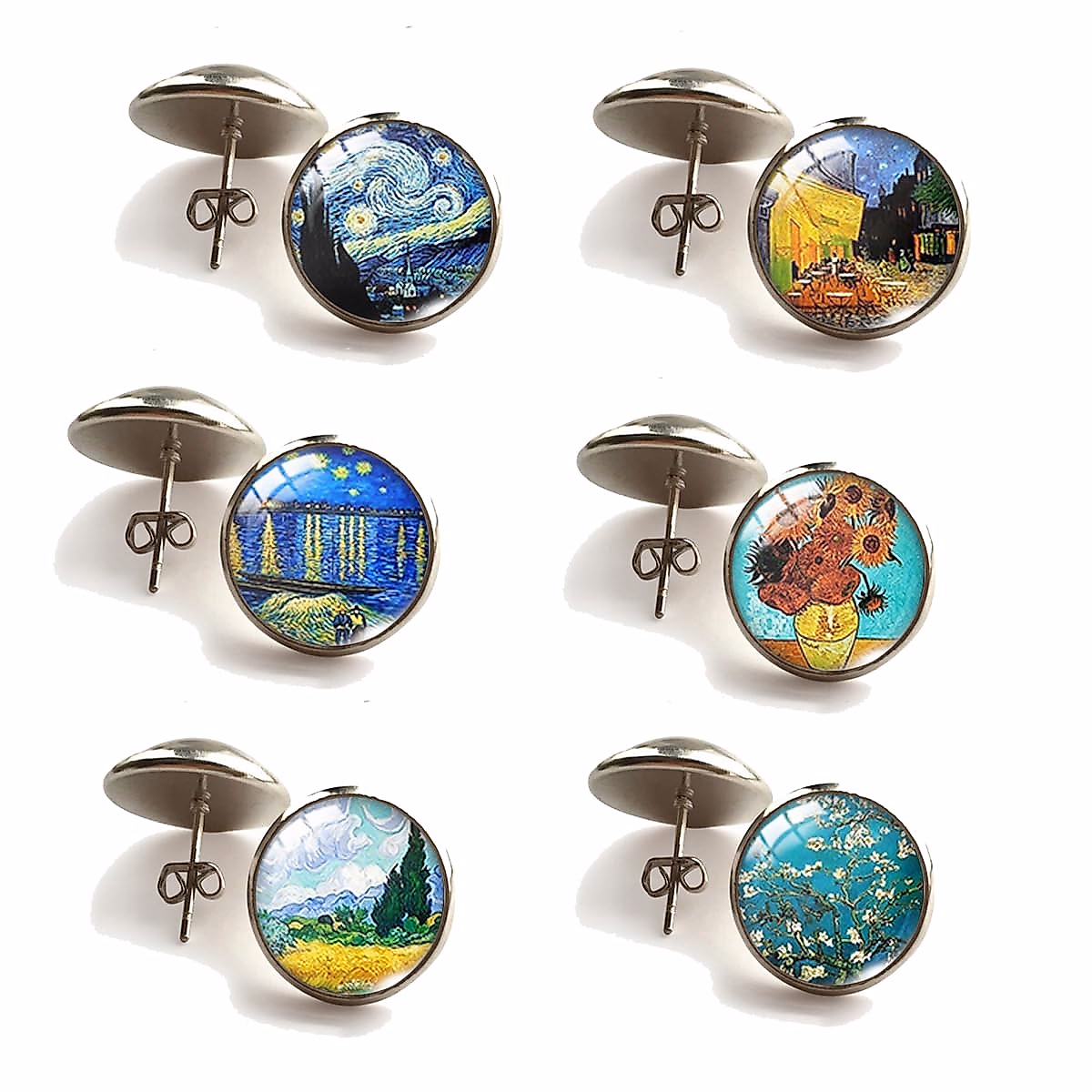 6 Pairs Van Gogh Painting Glass Ball Earrings Van Gogh Starry Sky Starry Night Sunflower Oil Painting Stud Earring Set for Women (Colours-6Pc)