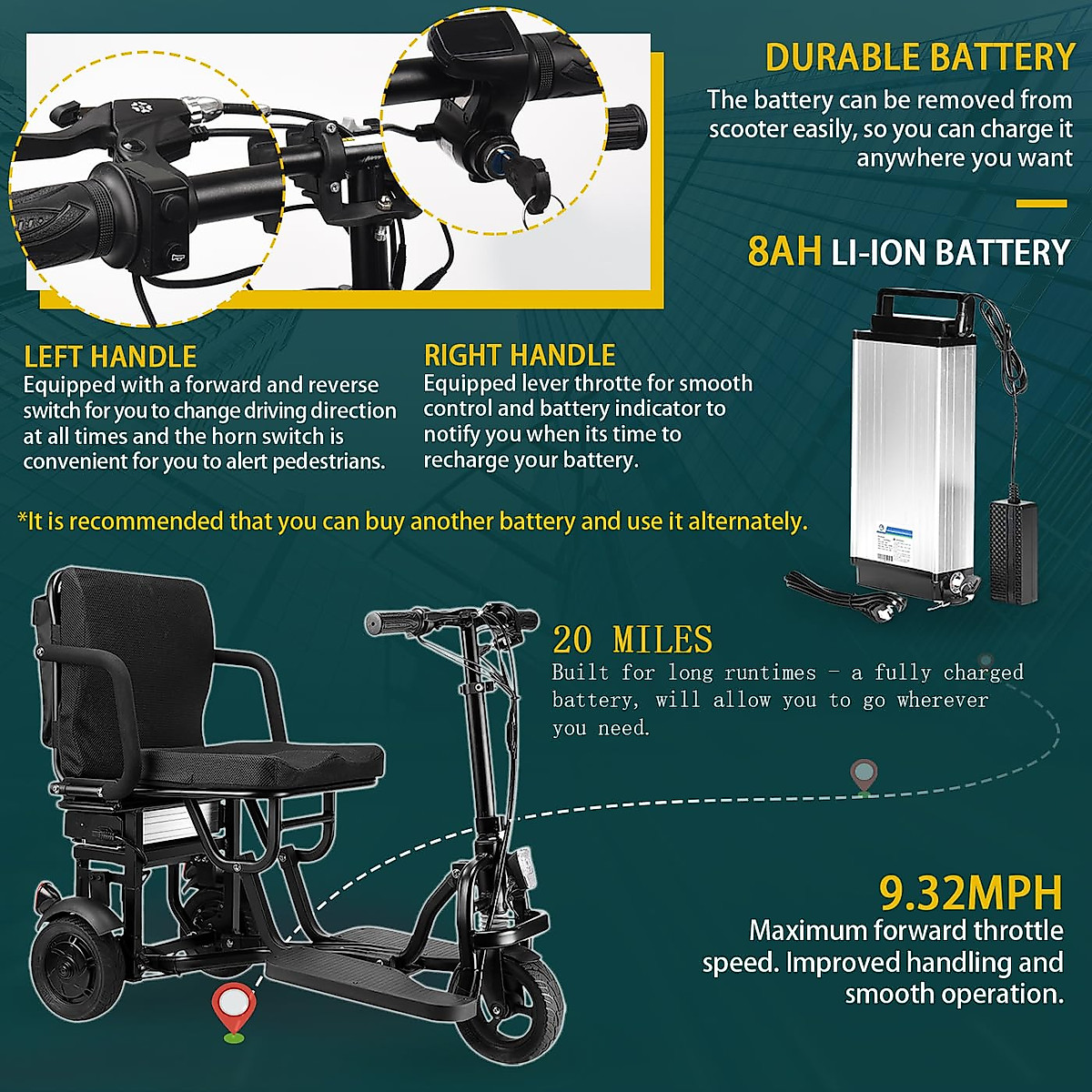 New Upgrade Folding Mobility Scooters, Lightweight Scooter Mobility for Adults, No Assembly Required, 20Miles Mobility Scooters for Adults, 3 Wheel Lightweight Mobility Scooter