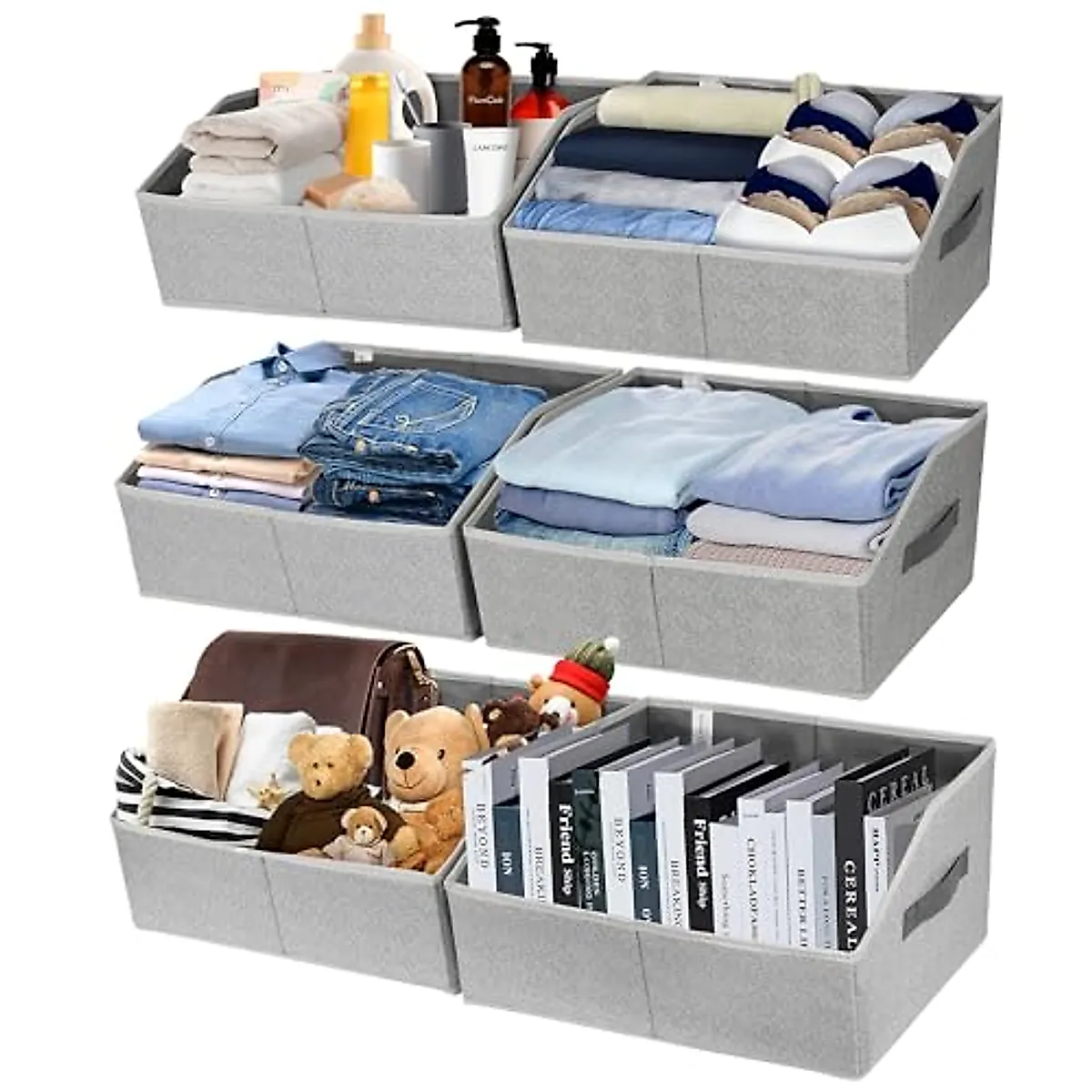 [ 6 Pack ] Fabric Trapezoid Storage Bins, Large Foldable Fabric Storage Baskets with PP Support Board（Non-cardboard), Washable Closet Organizers and Storage Bins for Clothes, DVD, Books, Toys