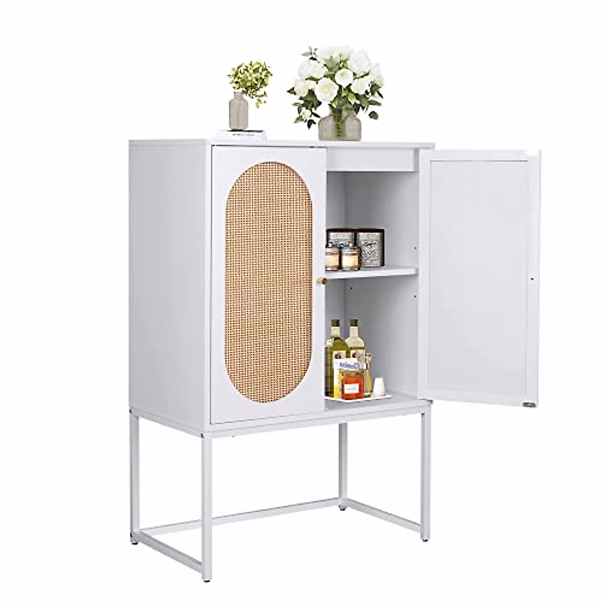 AWQM Natural Rattan 2 Door High Cabinet,Sideboard Buffet Cupboard Accent Cabinet,Adjustable Shelves,Free Standing Bookmatch,Easy Assembly,26.77" L x 15.75" W x 41.34" H,White