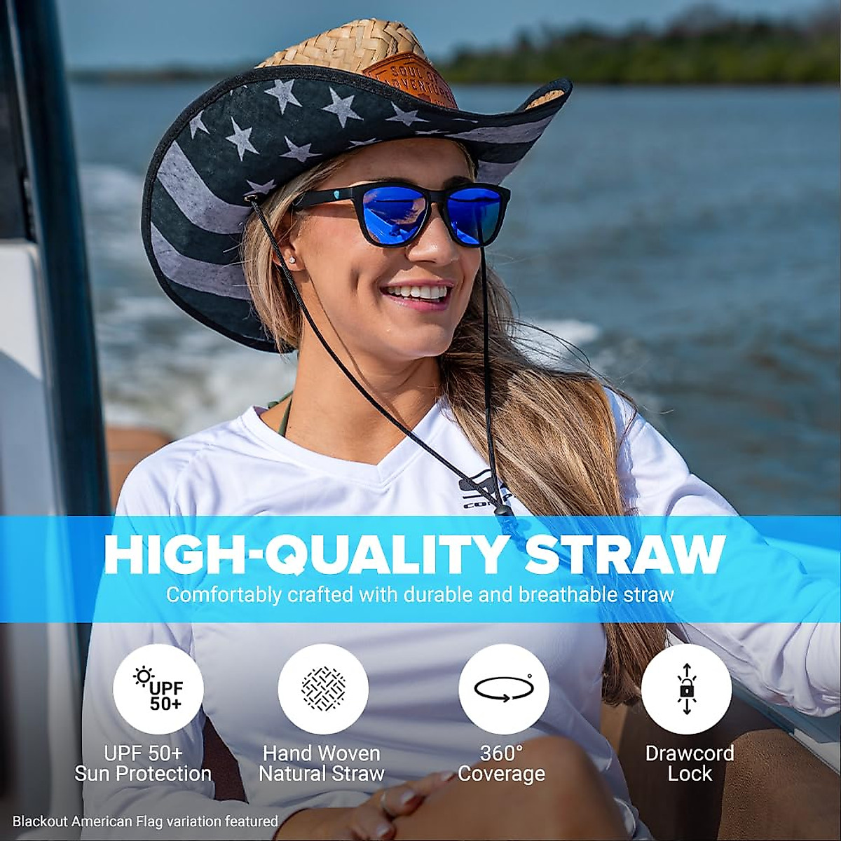 New Handwoven Premium Straw Cowboy Hat for UV Sun Protection | Adjustable Drawstring, Universal Size | Ideal for Beach, Fishing, Outdoor Camping Activities (American Flag)