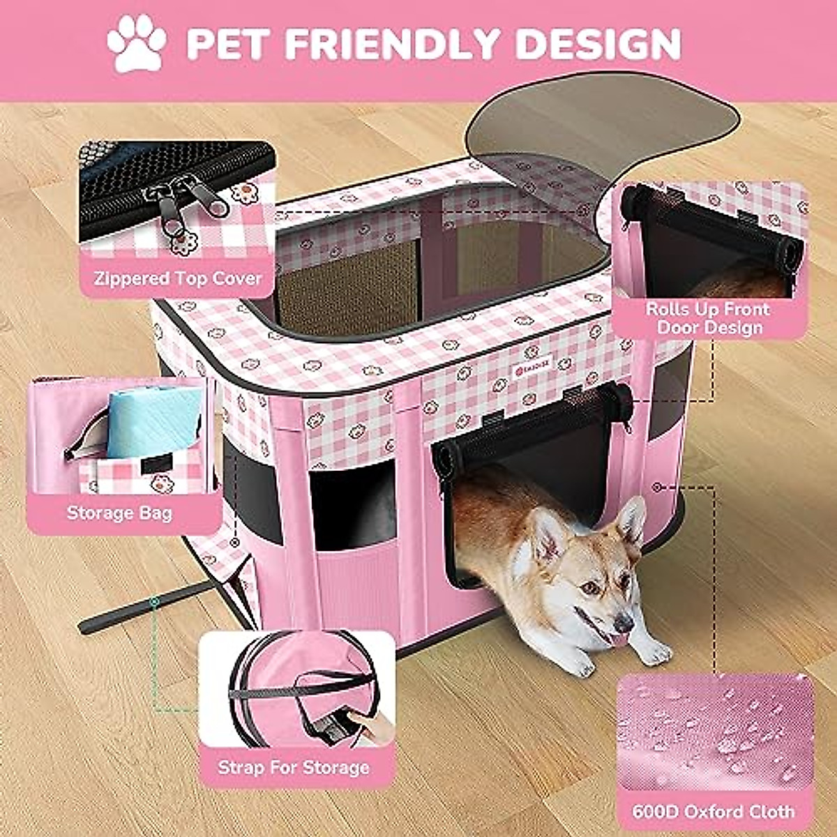 TASDISE Portable Pet Playpen, Foldable Exercise Play Tent Kennel Crate for Puppy Dog Yorkie Cat Bunny, Great for Indoor Outdoor Travel Camping Use, Come with Carring Case, 600D Oxford, M