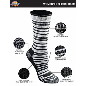 Dickies Women's Dri-tech Moisture Control Crew Socks Multipack, Stripe (6 Pairs), Medium