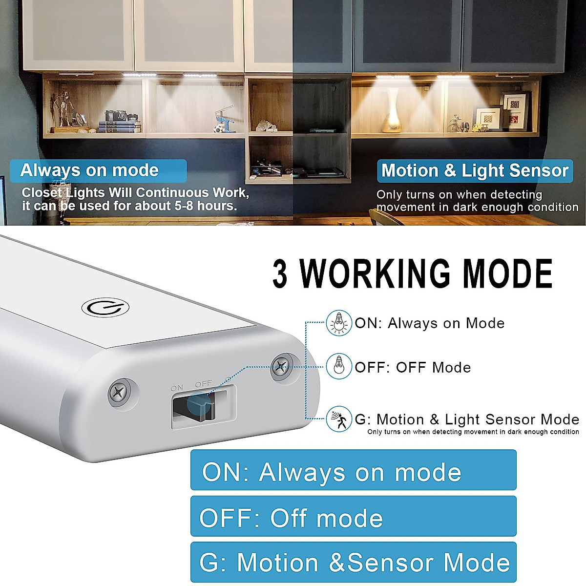 20-LED Motion Sensor Closet Lights Dimmable LED Closet Light ，Rechargeable Under Cabinet Lighting Stick-on Anywhere Night Light Bar for Cupboard, Hallway, Stairs, Kitchen, Bedroom, 4 Pack