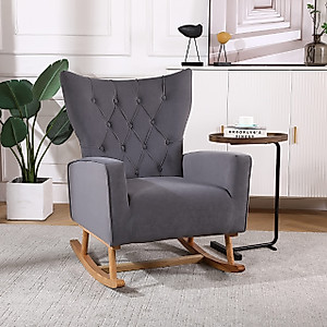 HHOK Rocking, Mid Century Modern Velvet Tufted Upholstered Rocker Armchair Padded Seat with Solid Wood Base, Accent Chair with High Backrest and Armrests for Living Room Bedroom Balcony, Grey