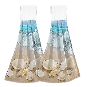 Sea Beach Shells Starfish Kitchen Hanging Towel 12 x 17 Inch Ocean Shore Saeshell Hand Tie Towels Set 2 Pcs Tea Bar Dish Cloths Dry Towel Soft Absorbent Durable for Bathroom Laundry Room Decor
