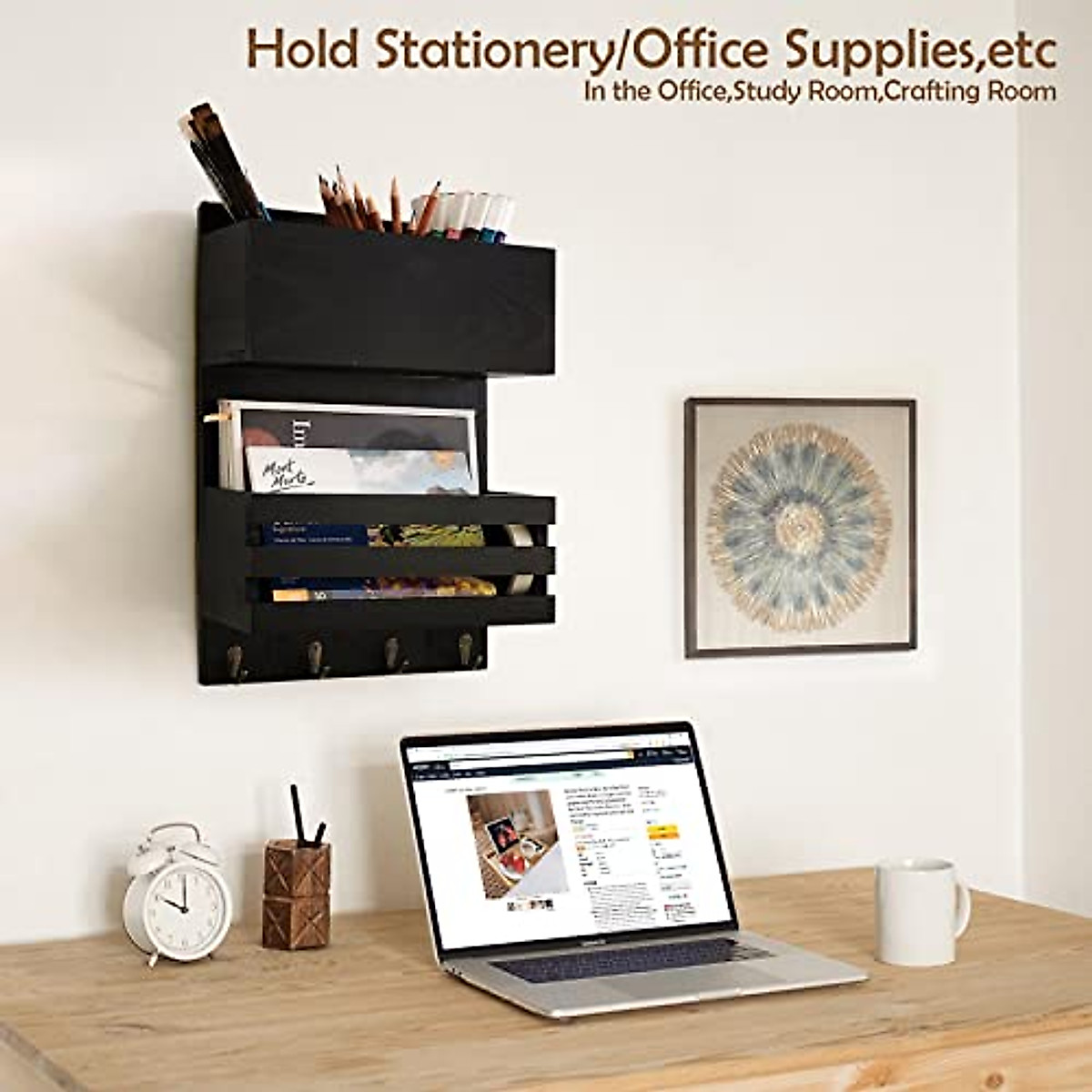 HAOYPAIC Wood Hair Dryer Holder Wall Mount, Bathroom Hair Care and Styling Tool Organizer, Farmhouse Wood Beauty Hair Appliance Holder with Shelf for Bathroom Accessories, Makeup, Toiletries (Black)