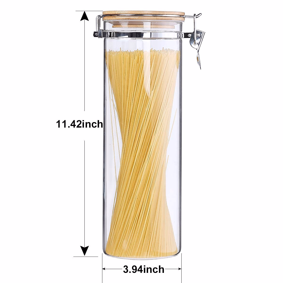 KKC HOME ACCENTS Tall Glass Pasta Storage Container with Hinged Lid,Glass Spaghetti Storage Jar Airtight Lid,Pasta Spaghetti Kitchen Canister,Noodle Holder Container with Bamboo Lid