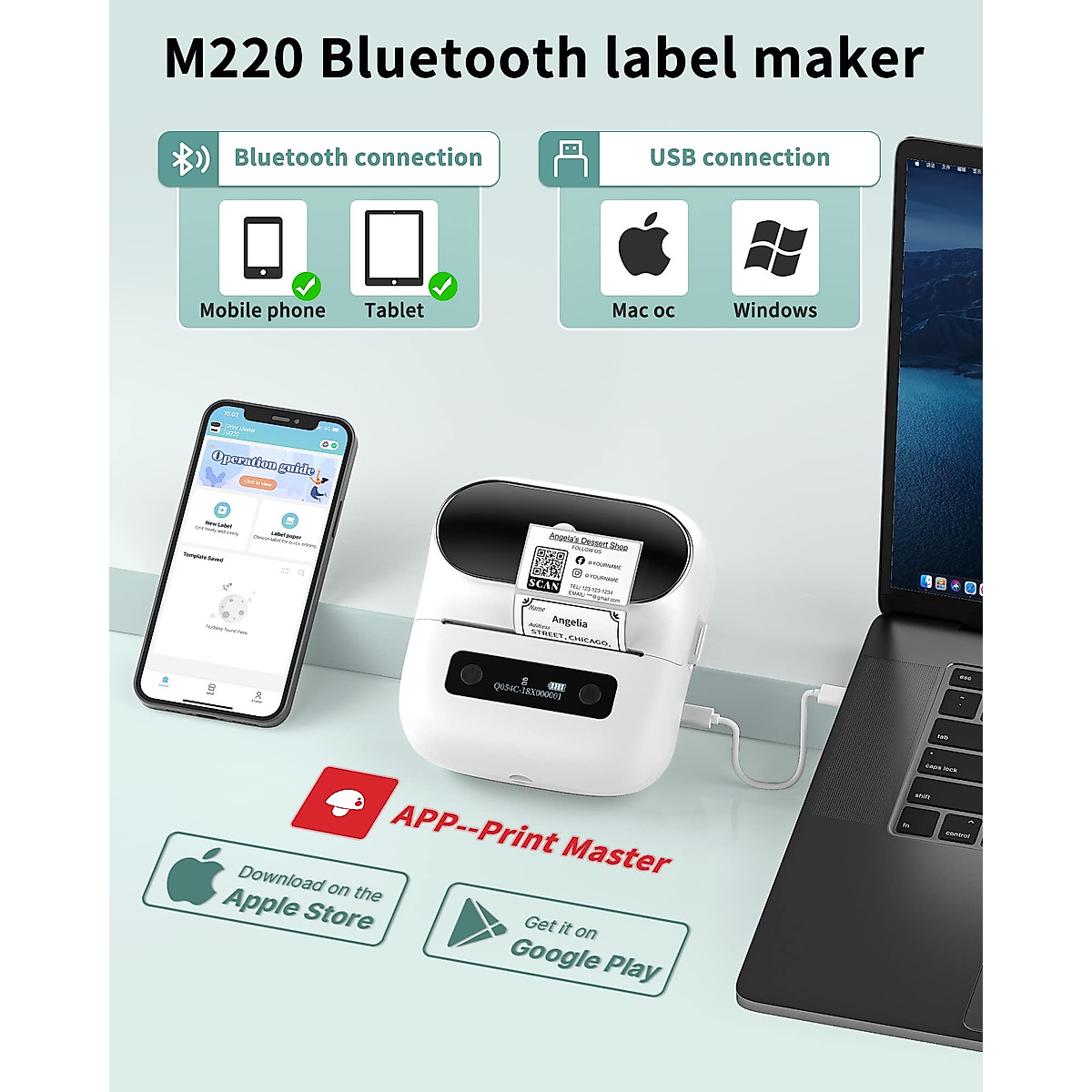 Itari Label Maker Thermal Label Printer, M220 Bluetooth Wireless Inkless Portable Printer for Barcode, Address, Labeling, Mailing, Small Business, Support Phones and PC, with 1 Roll 40×30mm Label