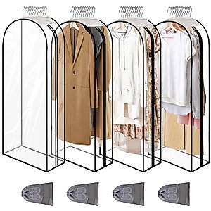 ANBOO 60" Long Garment Bags for Hanging Clothes, 10" Gusseted Waterproof All Clear Garment Bags for Storage, Hanging Garment Bag with Smooth Side Zipper for Shirts, Coat, Jacket, Dresses, 4 Pcs