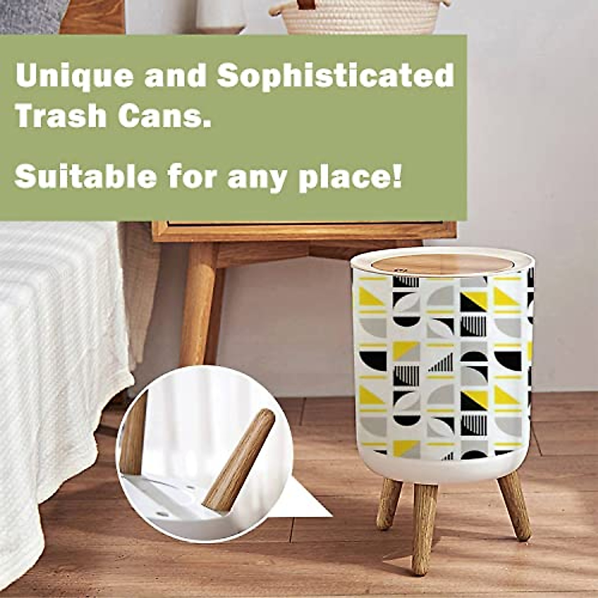 Small Trash Can with Lid seamless various abstract geometric shapes Squares stripes segments a Round Garbage Can Press Cover Wastebasket Wood Waste Bin for Bathroom Kitchen Office 7L/1.8 Gallon