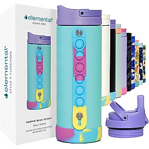 Elemental Iconic Kids Water Bottle with Straw Lid & Stress Relief Pop It Handle, Leak-Proof When Closed, Triple Insulated Kids Stainless Steel Water Bottle For Girls and Boys, 14oz - Blue Tie Dye