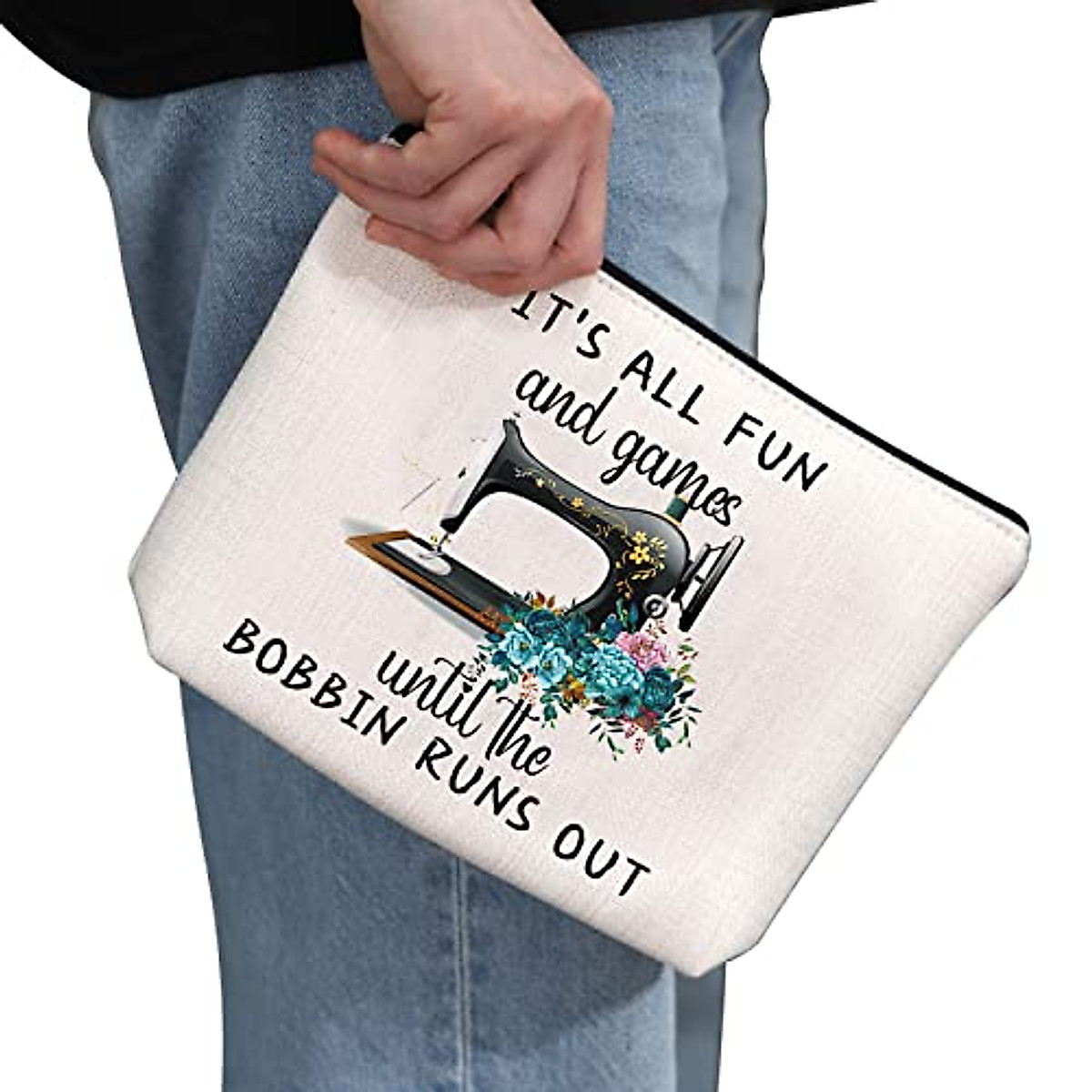 G2TUP Quilter Gift Sewing Cosmetic Bag It's All Fun And Games Until The Bobbin Runs Out Makeup Bag Sewing Lover Gift Quilting Zipper Travel Bag (Bobbin Runs Out White Bag)