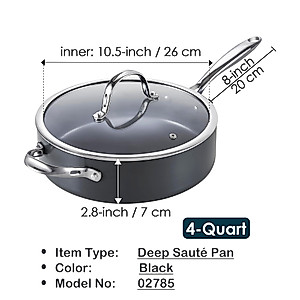 Cooks Standard 4-QT Nonstick Deep Sauté Pan with Lid, 10.5-inch Deep Frying Pan Hard Anodized Ceramic Nonstick Induction Cookware, Oven Safe Large Skillet Jumbo Cooker Sartén, Helper Handle, Black