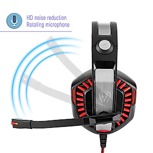 Gaming Headset with Microphone, IKOCO GM-2 3.5mm Surround Stereo Over Ear Headband Computer Gaming Headphone Noise Isolating Volume Control LED Light for PS4 PC Xbox One & Mobile Phone (Red)