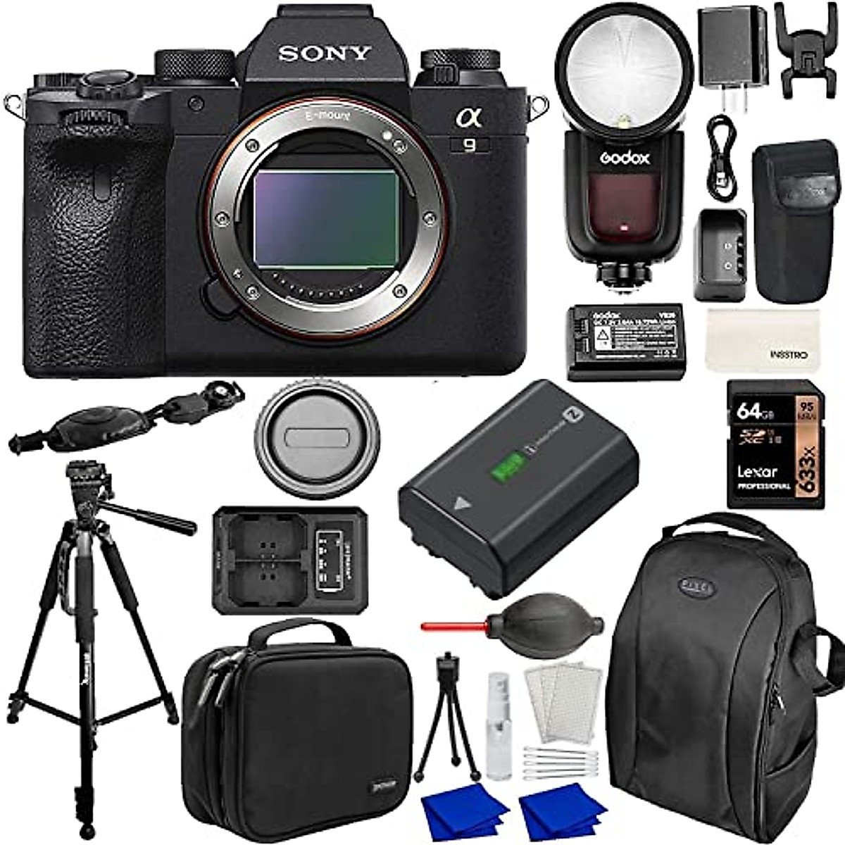 Sony Alpha 9 II Mirrorless Full-Frame Camera Bundle with GODOX Flash, Extra Battery, 64GB SDXC Card, Backpack, Dually Charger, Handy Case, Tripod + More | Sony a9II