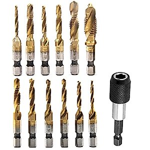aiyun 13 Pieces Drill Tap Set, SAE/Metric Drill Tap Bits Set with Quick Change Adapter, Tap and Drill (HSS4341+HSS4341)