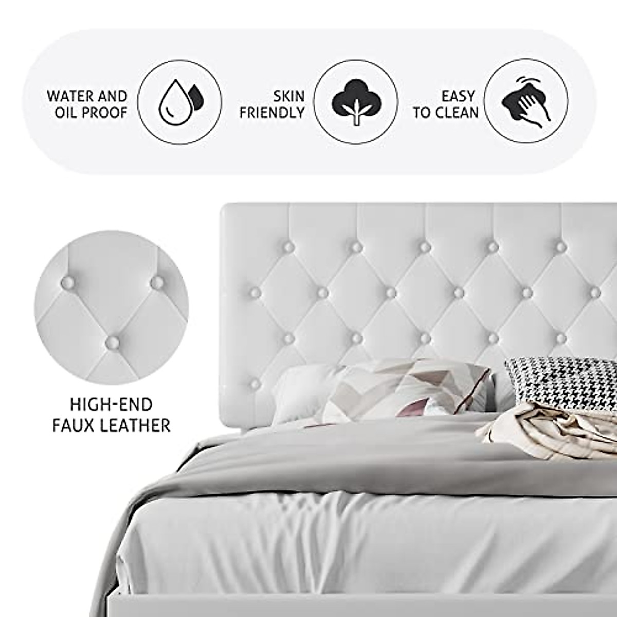 SHA CERLIN Queen Size Bed Frame with Button Tufted Headboard, Faux Leather Upholstered Mattress Foundation, Platform Bed Frame, Wooden Slat Support, No Box Spring Needed, White