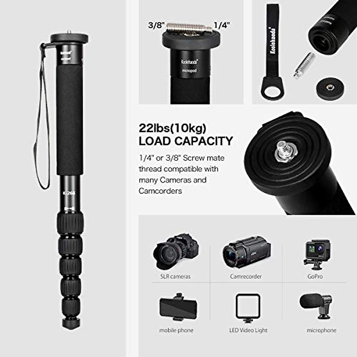 Koolehaoda 6-Section Monopod Compact Portable Photography Aluminum Alloy Unipod Stick, Max. Load 10kg / 22lbs, Folding Size is only 15-inch (K-266 Black)