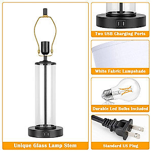 Modern Touch Control Dimmable Table Lamps with 2 USB Ports for Living Room Set of 2, 3-Way Dimmable Bedside Lamps with White Fabric Drum Shades for Reading Bedroom Nightstand Hotel, LED Bulbs Included