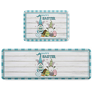 Possta Decor 2 Piece Kitchen Mats Dwarf Blue Plaid Bunny Easter Egg,Non Slip Doormats Area Runner Rug Set,Gnome Flower Retro Wood Grain Super Soft Comfort Standing Mat for Bedroom Living Room