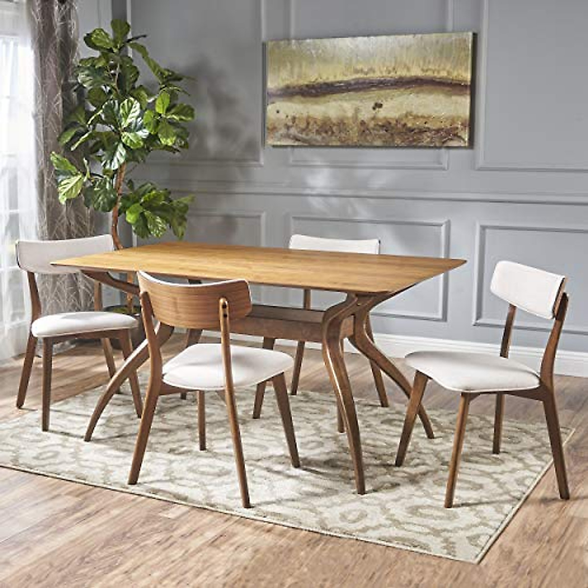 Christopher Knight Home Nissie Mid-Century Wood Dining Set with Fabric Chairs, 5-Pcs Set, Natural Walnut Finish / Light Beige