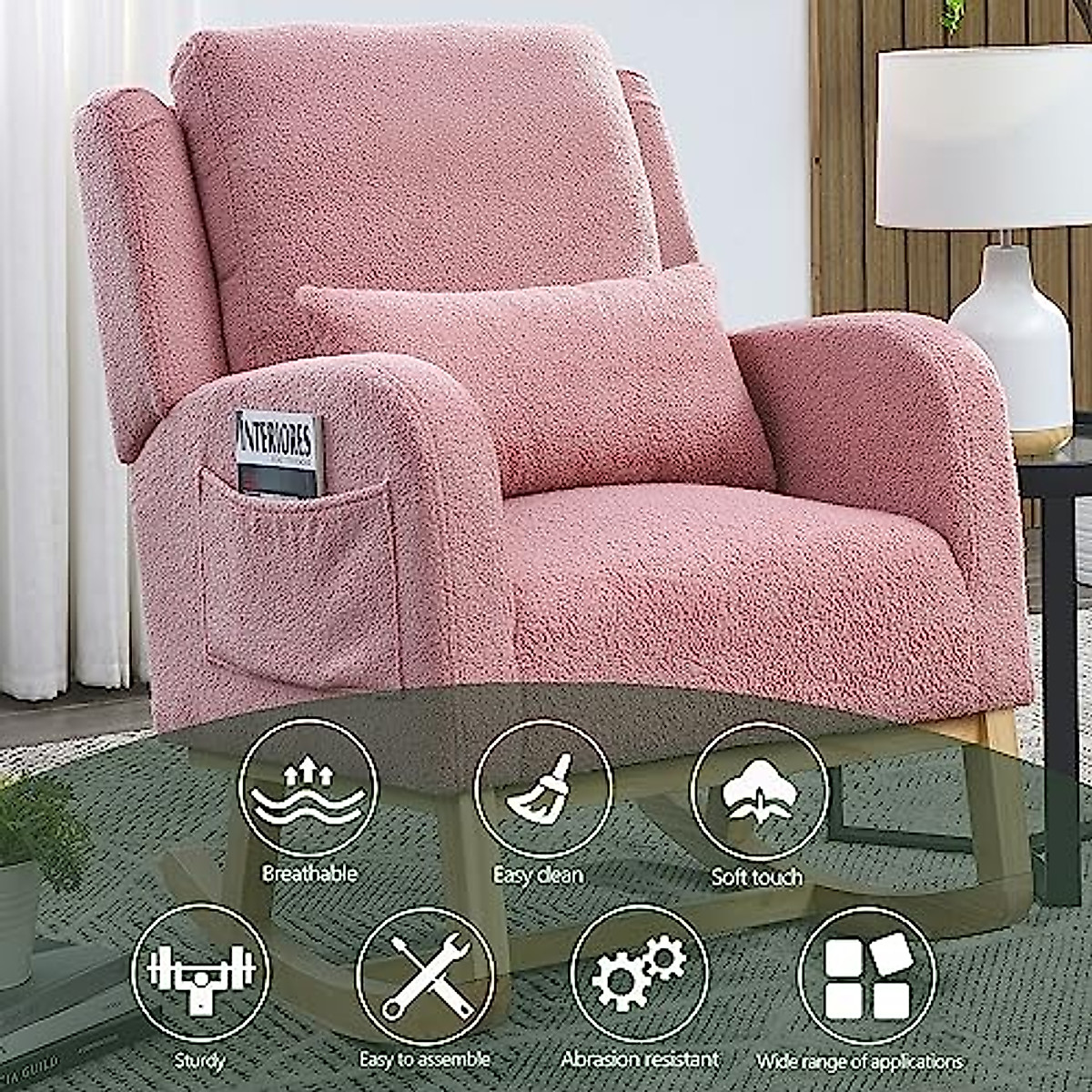 Gxcevsou Teddy Rocking Chair for Nursery, High Back Glider Rocker Upholstered Armchair with One Lumbar Pillow for Nursery, Comfy Armchair with Two Side Pockets for Living Room, Bedroom (Pink)