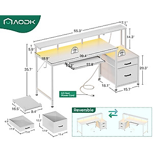 AODK 55" Computer Desk with Fabric File Cabinet and Drawer, Reversible Office Desk with Power Outlet and LED Light, Study Desk with Printer Stand, Keyboard Tray, Full Monitor Riser and PC Stand, White