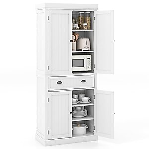 Tangkula 72" H Kitchen Pantry Cupboard Cabinet, Traditional Freestanding Large Tall Storage Cabinet with 2 Cabinets and Drawer, Adjustable Shelves, for Living Room Kitchen, 30 x 16 x 72 Inch