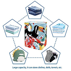 Birds Toucans on a Floral Print Collapsible Laundry Hamper, 60L Waterproof Laundry Baskets Washing Bin Clothes Toys Storage for Dorm Bathroom Bedroom