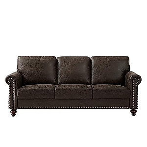OMMGG Mid-Century Faux Leather Sofa with Tufted Cushions, Modern 3 Seat Upholstery Couch w/Armrest and Wooden Legs, for Living Room, Apartment, Small Spaces, Office, 81, Dark Brown