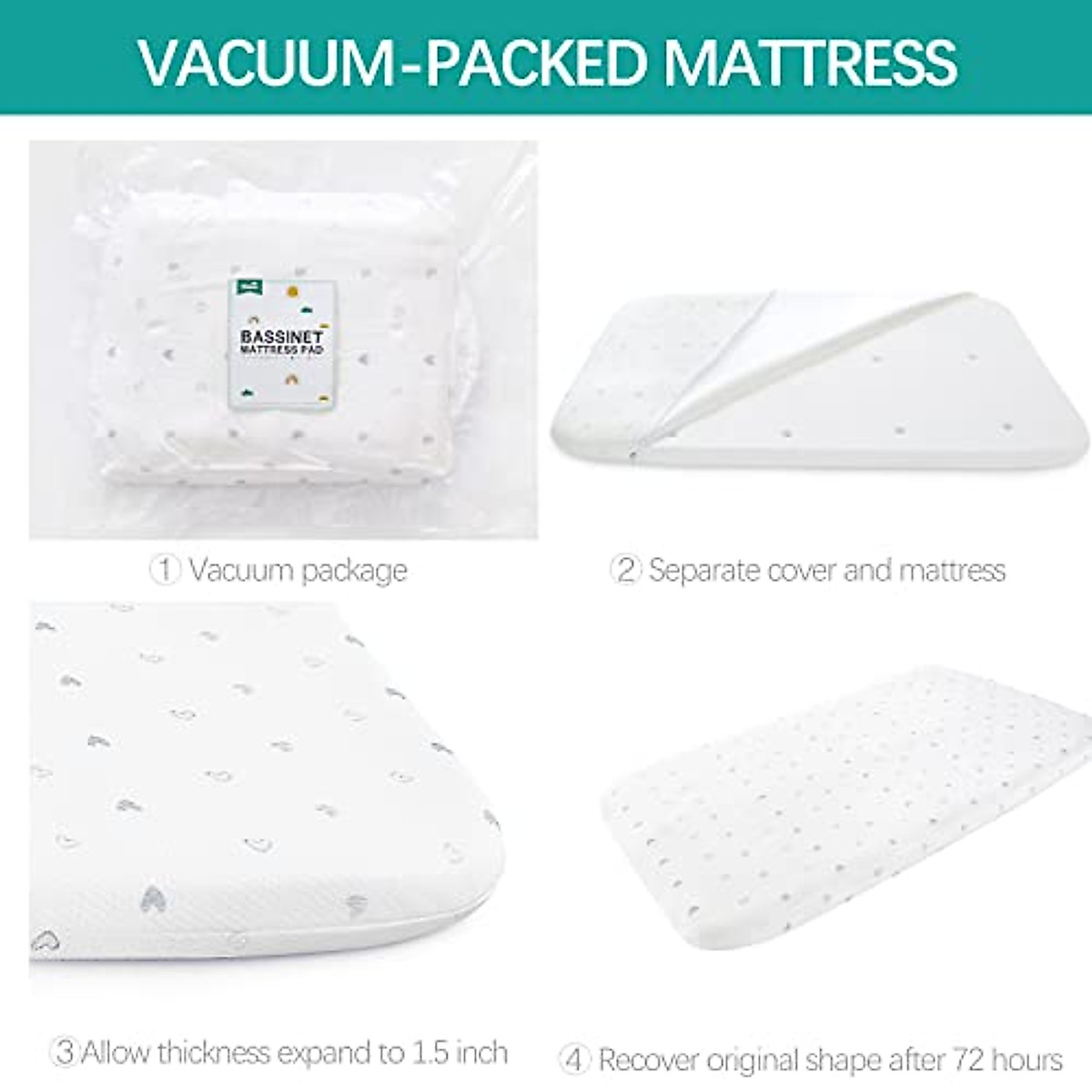 Bassinet Mattress Topper 33" x 20" Fits Mika Micky, Baby Delight, Koolerthings and Other Bedside Sleeper Bassinet, Waterproof Lining Breathable Soft, Baby Foam Mattress with Removable Zippered Cover