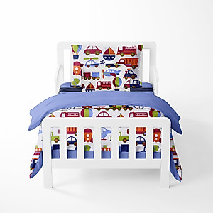 Bacati - Transportation Blue 4 Piece Boys Toddler Bedding Set 100 Percent Cotton Includes Reversible Comforter, Fitted Sheet, Top Sheet, and Pillow Case for Boys