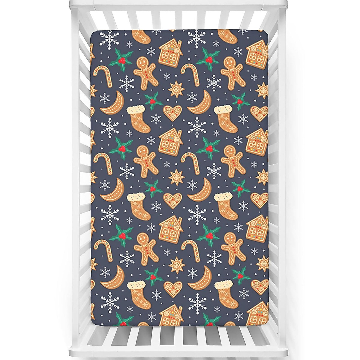 Christmas Fitted Crib Sheet,Gingerbread Man Snowflake Print Pattern,Portable Mini Crib Sheets Soft and Breathable Bed Sheets - Great for Boy or Girl Room or Nursery,24“ x38“,Black Brown