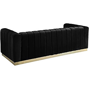 Meridian Furniture 603Black-S Marlon Collection Modern | Contemporary Velvet Upholstered Sofa with Deep Channel Tufting, Stainless Steel Base in a Brushed Gold Finish, Black, 86.5" W x 34" D x 28" H