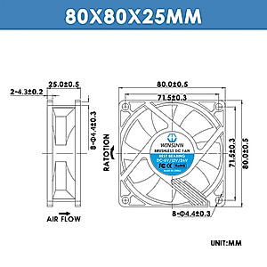 WINSINN DC 80mm Fan 24V 8025 Sleeve Bearing Brushless Cooling 80mmx25mm 2PIN (Pack of 2Pcs)