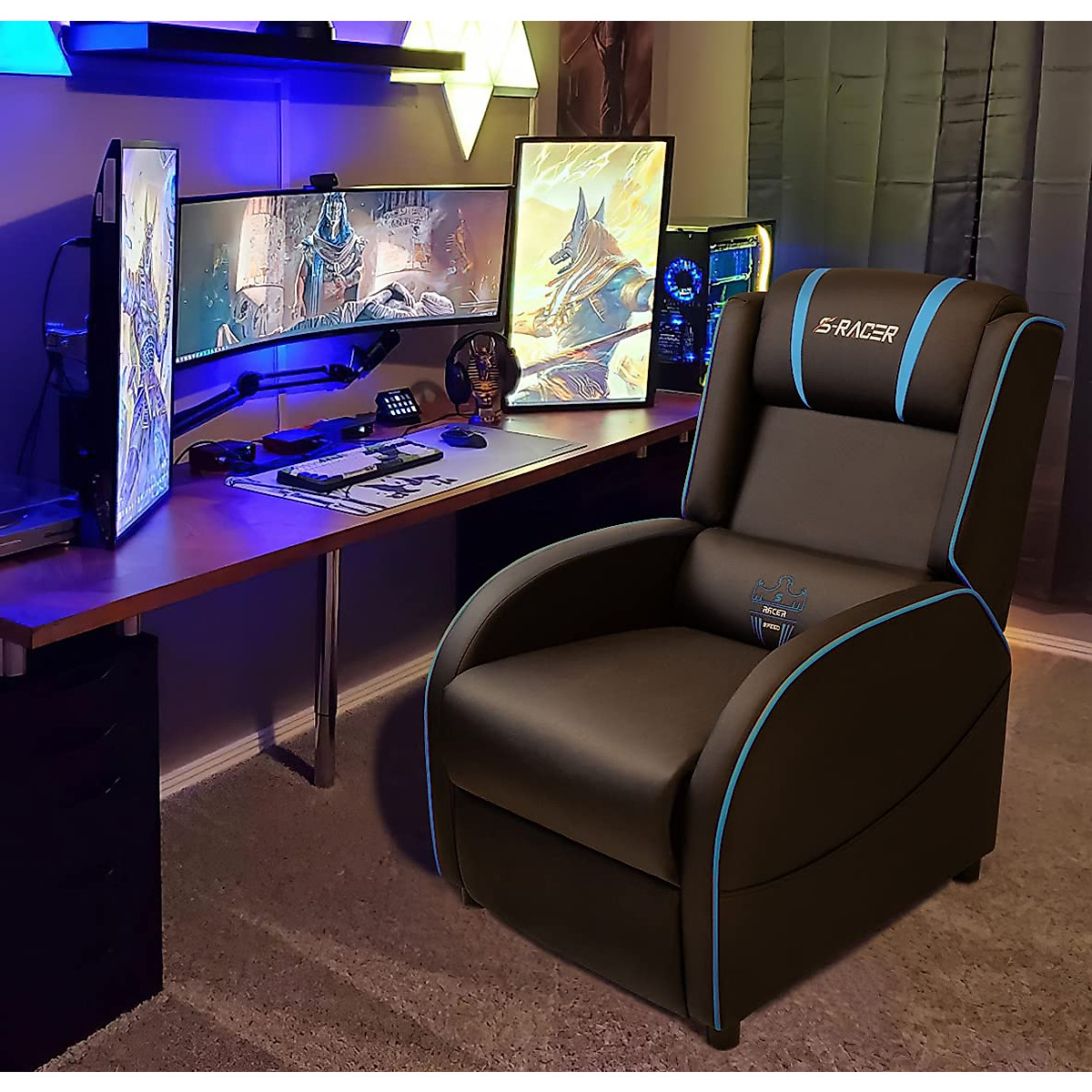 Homall Massage Gaming Recliner Chair, Racing Style Gaming Sofa, PU Leather Home Theater Seating, Modern Living Room Recliners Ergonomic Comfortable Gamer Lounge(Blue)