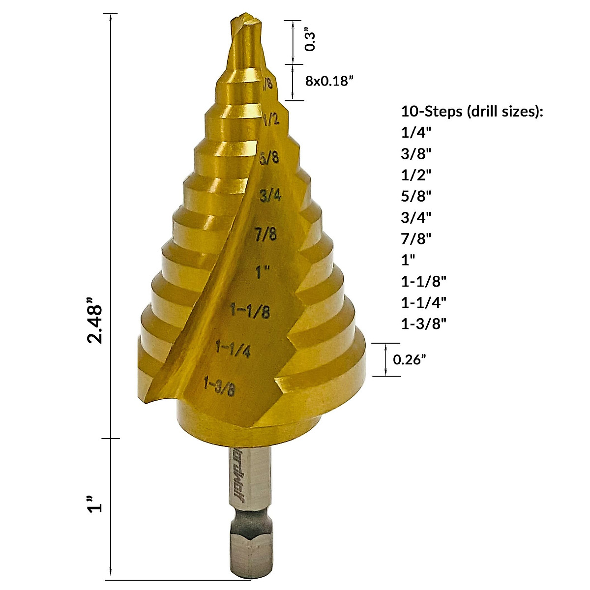 NordWolf HSS Titanium Step Drill Bit, Spiral Groove Double Flute Multiple Hole Unibit for Sheet Metal, 10 SAE Step Sizes 1/4" to 1-3/8"