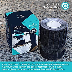 LifeGrip Anti Slip Traction Treads (10-Pack), 6 inch X 28 inch, Best Grip Tape Grit Non Slip, Outdoor Non Skid Tape, High Traction Friction Abrasive Adhesive for Stairs Step, Black (6" X 28" X 10P)