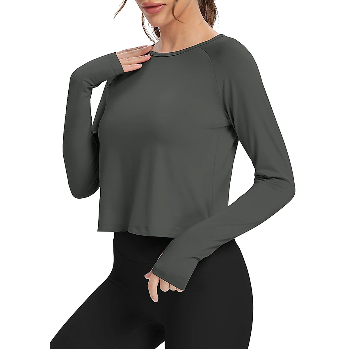 Bestisun Split Back Workout Long Sleeve Shirts Exercise Sports Clothes Activewear Running Tops for Women Deep Gray S