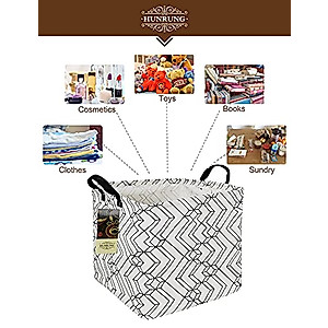 HUNRUNG Square Storage Bins Nursery Hamper Canvas Laundry Basket Foldable with Waterproof Nursery Boxes for Shelves/Gift Baskets/Toy Organizer/Office, Bedroom (Square-black transverse geometry)