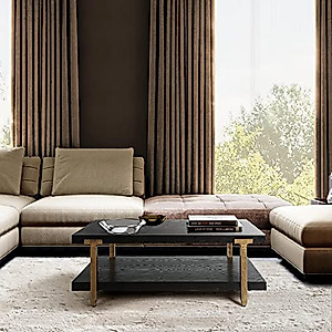 Uolfin Coffee Tables for Living Room with Oak Veneer and Vintage Gold Metal Legs, 42" L